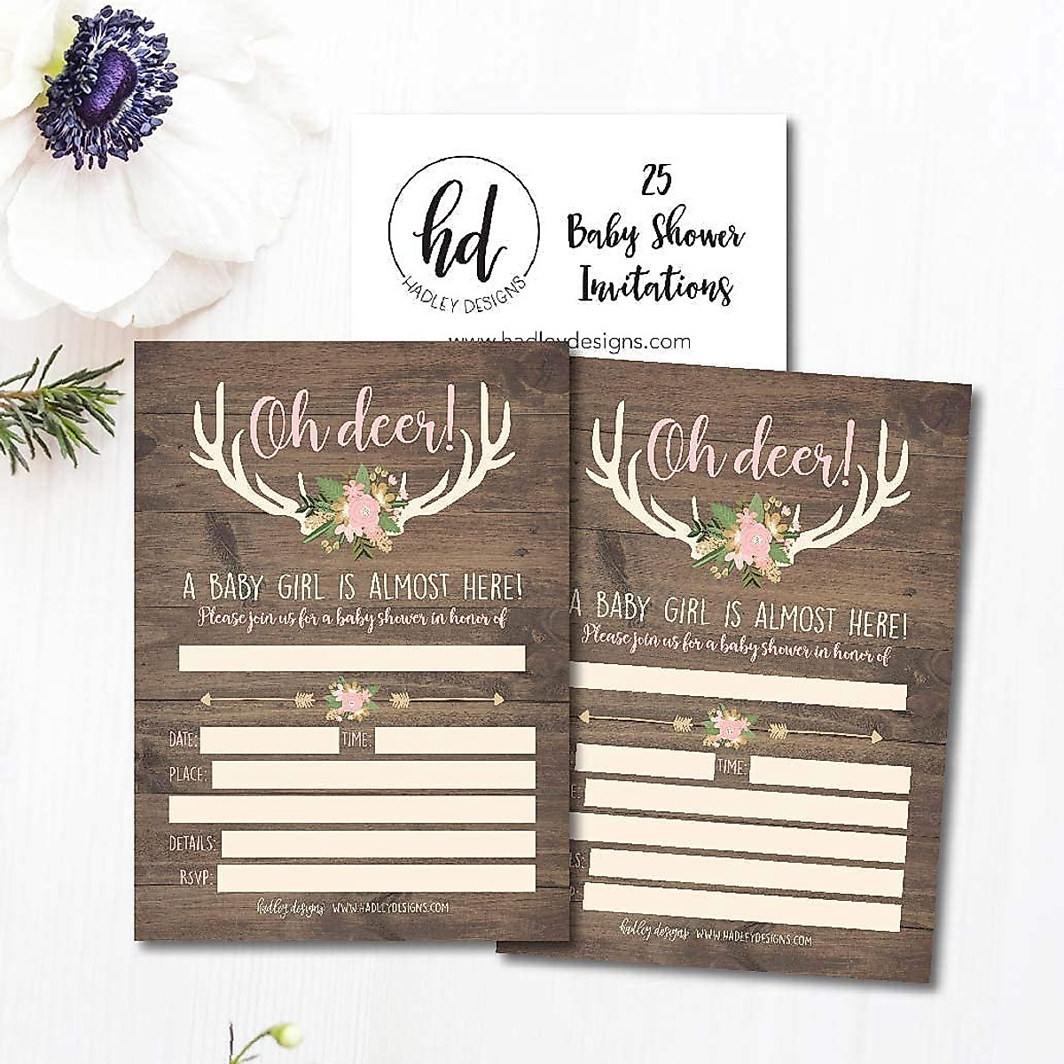 Hadley Designs 25 Oh Deer Invitations, 25 Books Request Cards, Sprinkle Invite for Girl, Bring A Book Instead Of A Card, Invitation Inserts for Baby Shower Guest Book