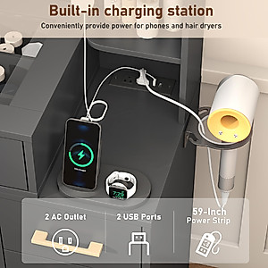 jiteentarou Glass Top Vanity Desk with Mirror and Lights, Large Vanity Makeup Mirror Desk with Charging Station Compartment Storage Drawers, Modern Makeup Vanity with 9 Drawers 6 Shelves, Black