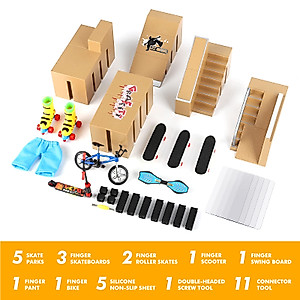 DaCool Skate Park Kit 16Pcs Fingerboard Ramp Decks Finger Skateboards Swing Board Mini Finger Toys Bikes Skates Scooter Multiple Skate Park Model for Finger Skateboard Training Educational and Fun