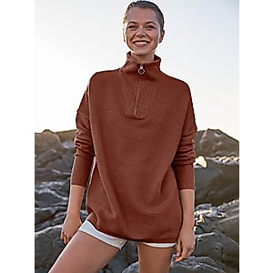 ANRABESS Oversized Sweater for Women Quarter Zip Pullover Casual Long Sleeve Half Zip Collared Lapel V Neck Baggy Slouchy Knitted Tunic Jumper Clothes 2023 Fall 802xiuhong-M Rust
