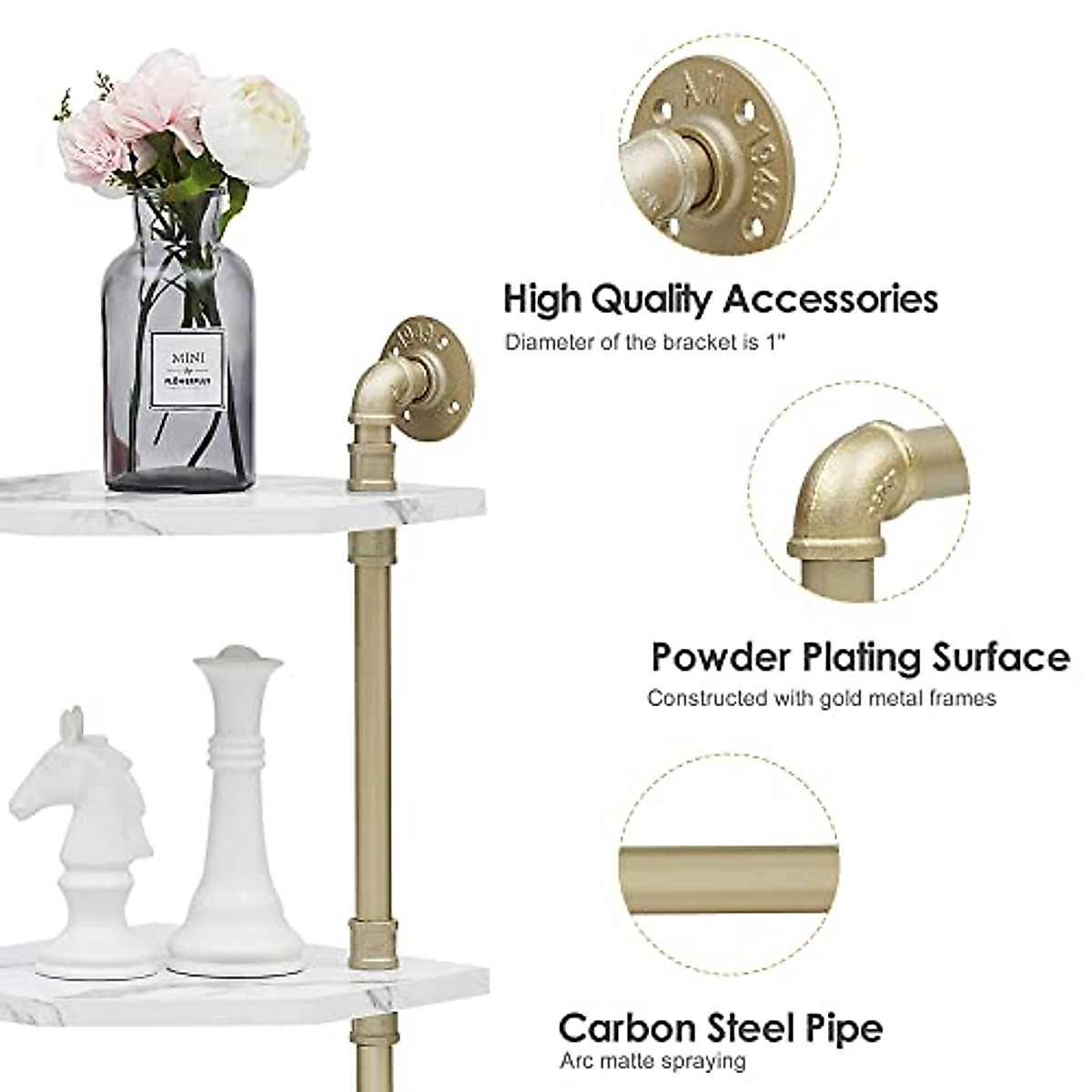 ivinta Corner Bookshelf with Storage, Wall Mount Pipe Shelves, White Corner Shelf Stand, Gold Metal Décor Bookcase, Modern Shelf Organizer Display Stand Rack for Bedroom, Bathroom, Living Room