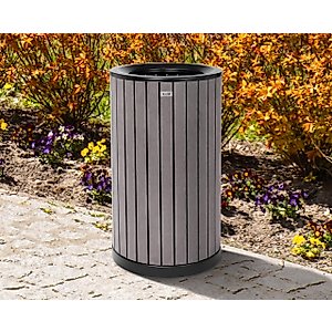 Alpine 32 Gallon Commercial Outdoor Trash Can - Heavy Duty Garbage Can Outdoor, Industrial Open Top Trash Can with Plastic Panels for Patio, Parks, Trails, Resorts (Flat Lid - Grey)