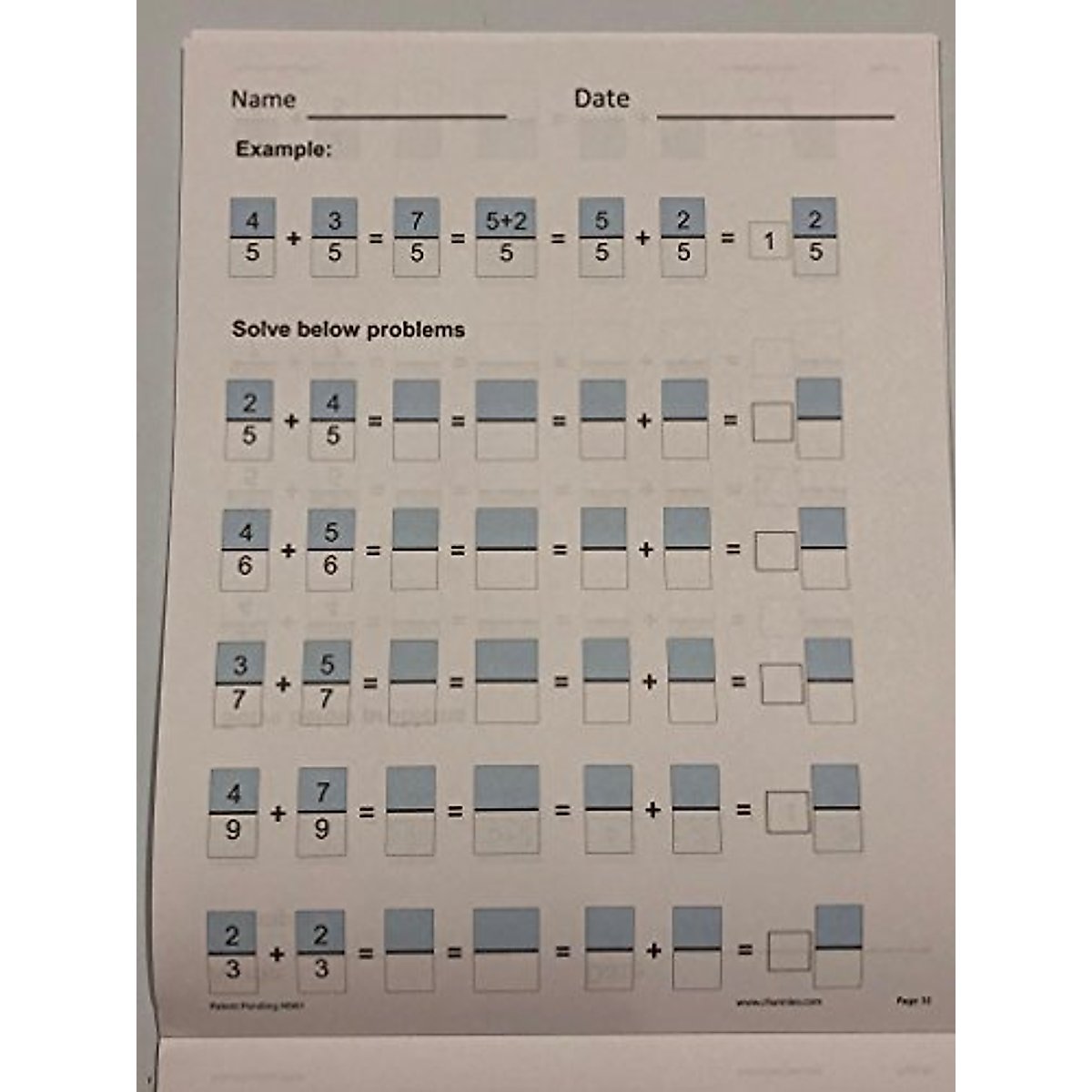 Channie’s One Page A Day Workbook, Beginner Single Digit Fraction Math Practice Worksheets, 50 Pages Front & Back, 25 Sheets, Grades 3rd, 4th, and 5th, Size 8.5” x 11” Summer School, Summer Bridge