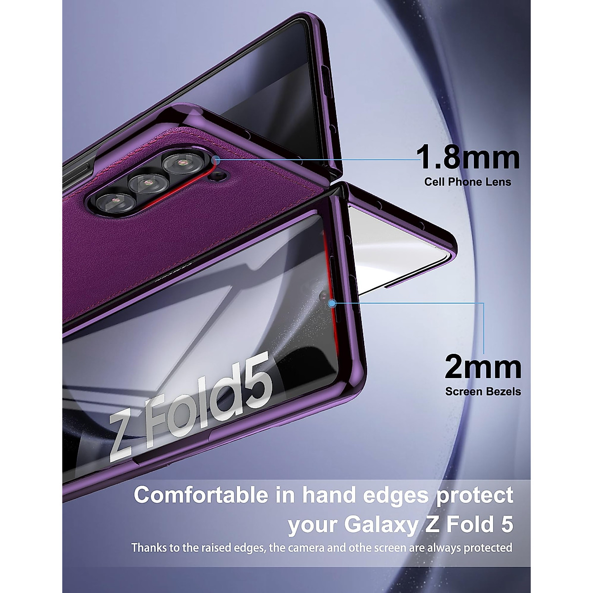 Feitenn for Samsung Z Fold 5 Case, Z Fold 5 Genuine Leather Back Case Slim Hard PC Bling Shockproof Case with Front Tempered Glass Screen Protector Film for Samsung Z Fold 5 2023 (Purple)