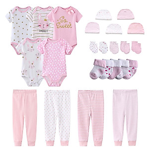 MAMIMAKA Newborn Layette Gift Set Bodysuits Pants for Baby Girl and Boy 24 Piece 100% Cotton Essentials and Accessories