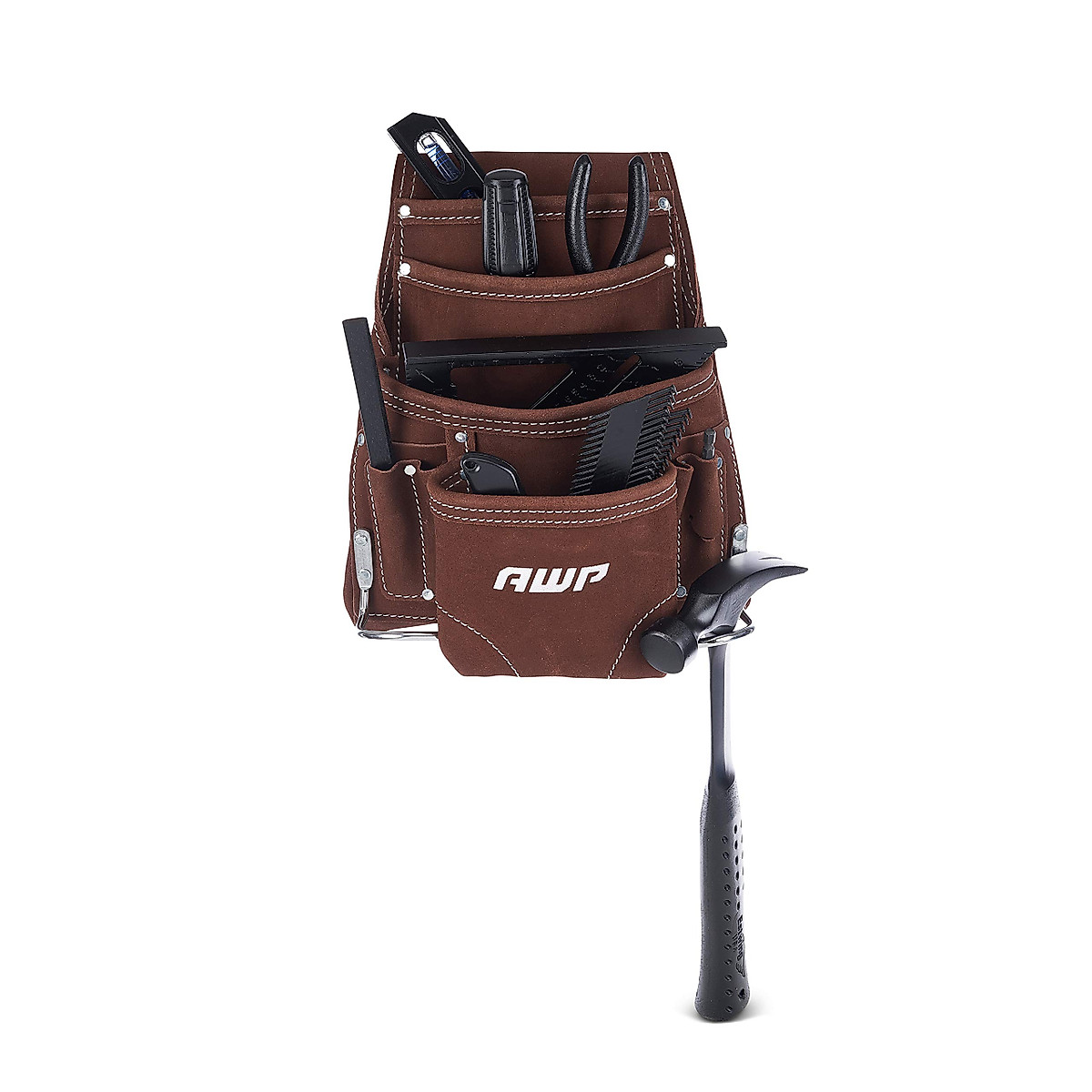 AWP 10-Pocket Suede Tool Pouch | Durable General Construction Leather Tool Pouch | Brown