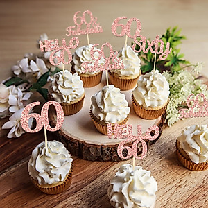 Gyufise 24Pcs Rose Gold Glitter 60th Birthday Cupcake Toppers Hello 60 Sixty Cake Toppers 60 & fabulous Cupcake Picks 60th Birthday Cake Decorations Supplies
