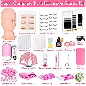 Eye Lash Extension Kit for Practice, 345 PCS Lash Kits with Replaced Eyelids Mannequin Head, Individual Lashes, Lash Extension Glue Tools Everything for Eyelash Extension Beginners Training Makeup