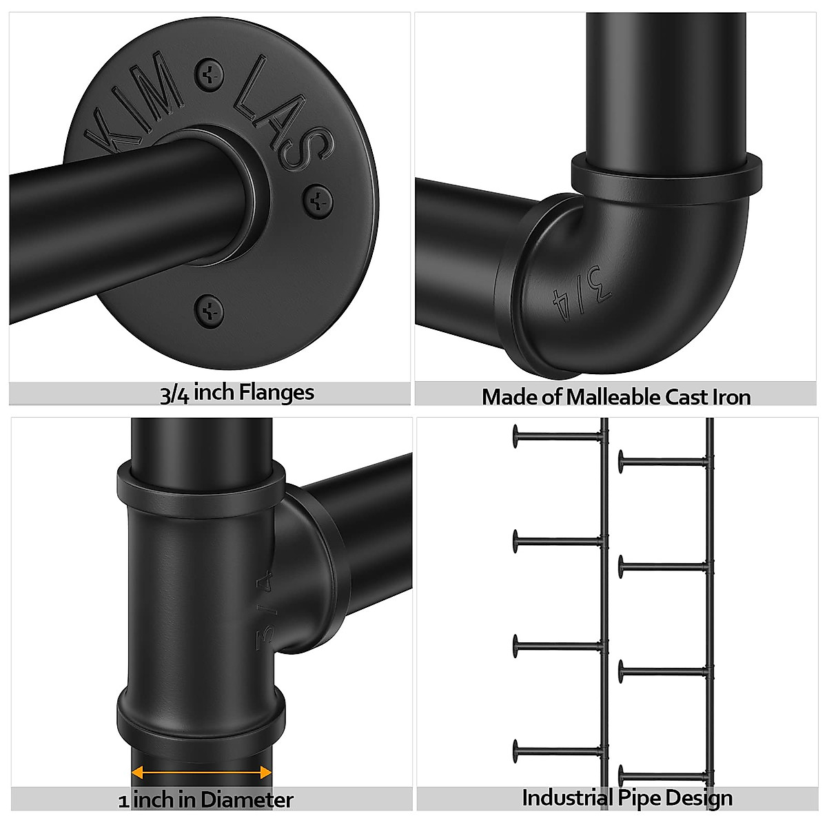 Pynsseu Industrial Iron Pipe Shelf Wall Mount, Farmhouse DIY Open Bookshelf, Pipe Shelves for Kitchen Bathroom, bookcases Living Room Storage, 2Pack of 4 Tier