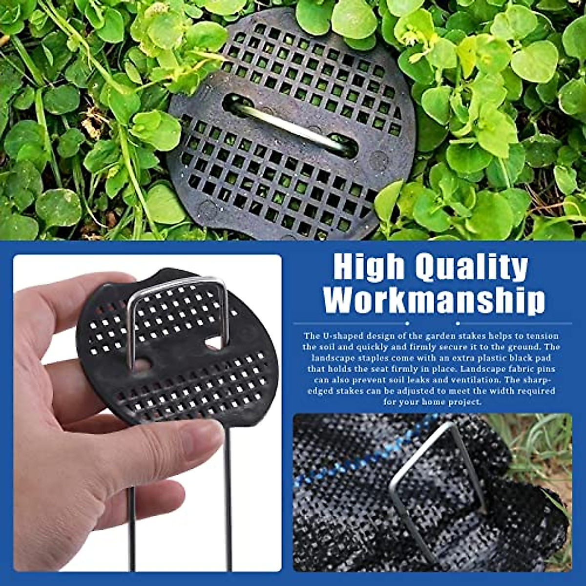 Glarks 201Pcs Garden Stakes Staples Kit, 100Pcs 6 Inch U-Shaped Landscape Staples, 100Pcs Fixing Gasket with 1Pc Pick Hook for Weed Barrier Fabric, Ground Cover, Holding Fence and Artificial Turf