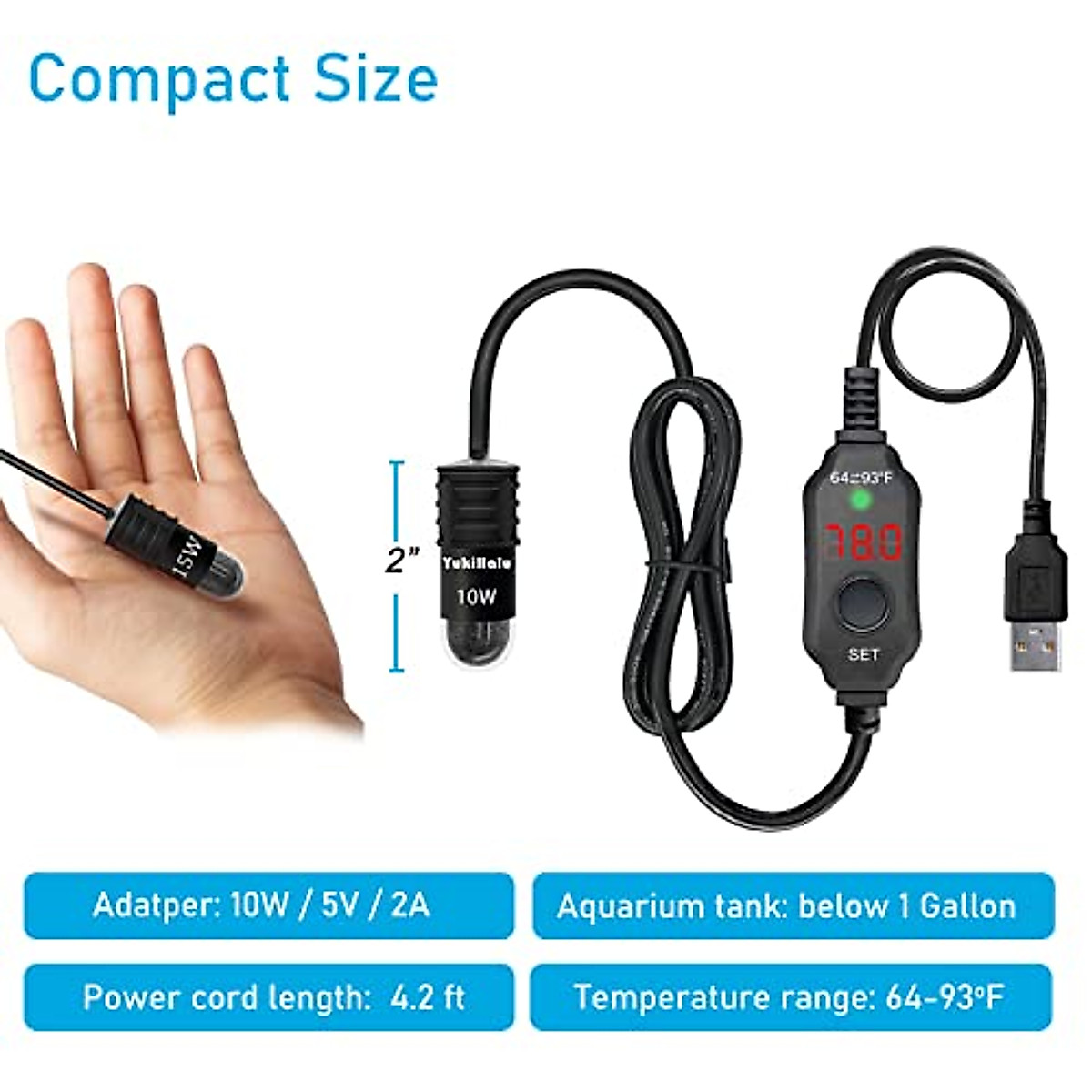 YukiHalu USB Powered Aquarium Heater, 10W/20W/30W Adjustable Mini Fish Tank Heater with External Temperature Controller, LED Display, Used for 0.5-1 Gallon Tank (10W USB)