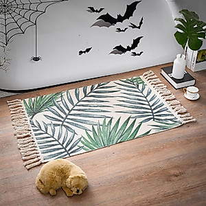 YRXRUS Christmas Cotton Rug, Boho Christmas Area Rug, Rugs for Aesthetic Room Decor, Tassel Bathroom Rug, 24x35 Inch for Farmhouse Party, Runner, Living, Bedroom, Entryway, Green Monstera