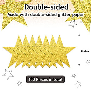 150 Pcs Glitter Five Stars Paper Confetti Wedding Party Decor Star Cutouts Confetti Stars Small Stars for Bulletin Board Shimmer Stars Accents for Classroom Wall Decor, 6 Inches (Gold)