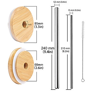 Mason Jar Lids with Straw, Reusable Bamboo Lids, Wide Mouth Mason Jar Tumbler Lids, Mason Jar Tops with 2 Reusable Stainless Steel Straw - 2 Packs
