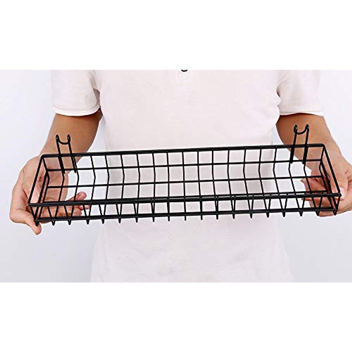 ANZOME Wire Wall Basket, Grid Basket with Hooks, Wall Mounted Organizer for Wall Grid, Kitchen Organizer, Wire Storage Shelf Rack for Home Supplies, Wall Decoration(Black)