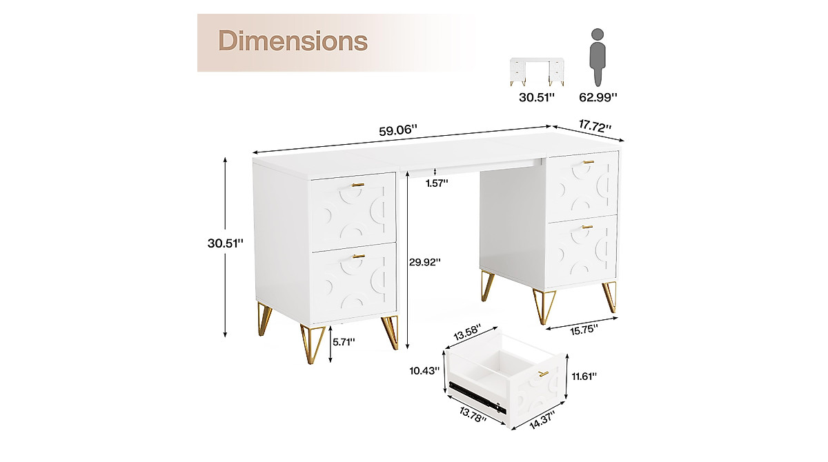 Tribesigns Modern White & Gold Desk with 4 Drawers