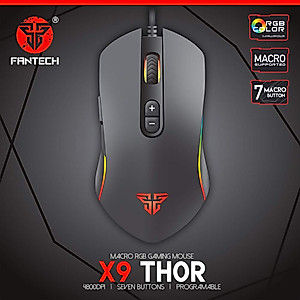 FANTECH Basic Wired Gaming Mouse X9, RGB 7 Macro Buttons Programmable True 4800 DPI Claw Grip Comfort Beginner Gaming Mouse for Window PC, Black