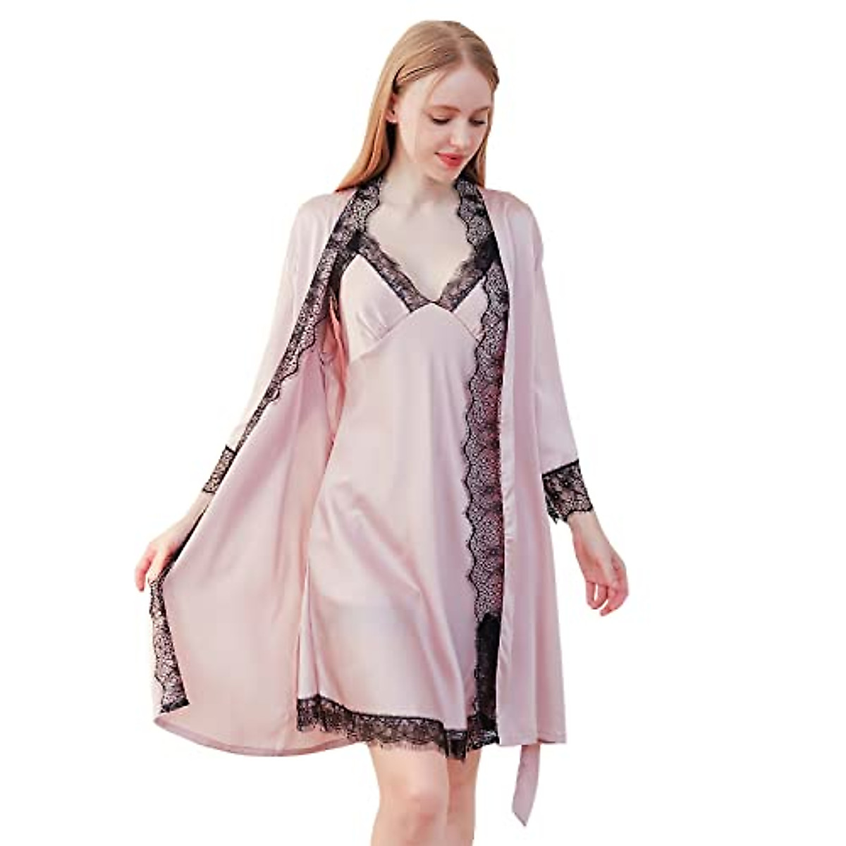 SAPJON Pajamas for Women Silk Pajama Set 4pcs Cami Top Shorts Nightgown Sleepwear Robe Sets Cute Stain Pjs for Women