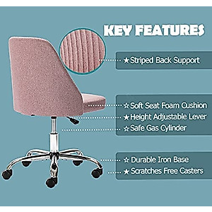 edx Home Office Desk Chair, Vanity Chair, Modern Adjustable Low Back Rolling Chair, Twill Upholstered Cute Office Chair, Desk Chairs with Wheels for Bedroom, Classroom, Vanity Room (Rose Pink)