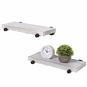 MyGift 16-Inch Rustic White Wood Wall-Mounted Floating Shelves with Black Metal Pipe Brackets, Urban Industrial Wall Hanging Storage and Display Shelf, Set of 2