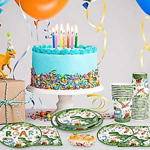 96Pcs Dinosaur Birthday Party Supplies -24 Guest Dino Plates Cups and Napkins For Boys Kids three rex Birthday decorations Baby Shower