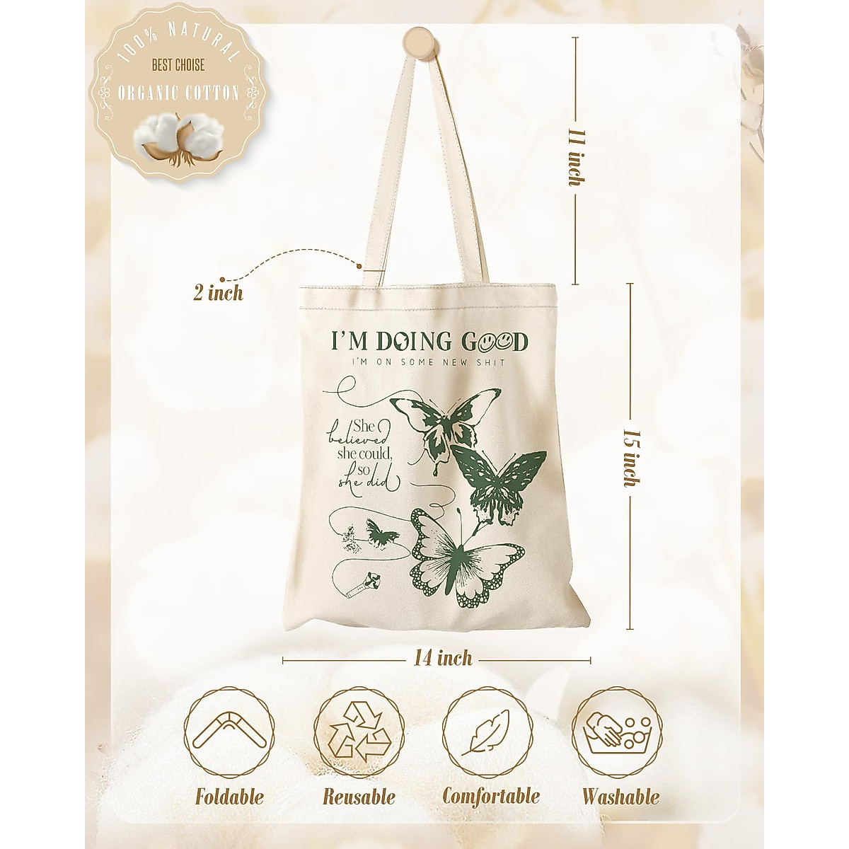 Miss Adola Aesthetic Canvas Tote Bag for Women - Butterfly Verse Reusable Tote Shoulder Bag Cute Funny Casual Sturdy Cloth Cotton Bag for Vacation, Shopping, Grocery, Work, Gym