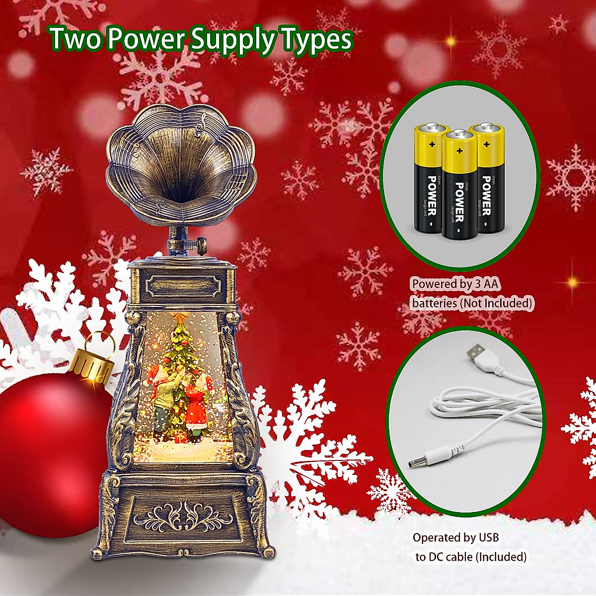 Christmas Snow Globes Musical Snow Globe Water Lantern Swirling Glitter Phonograph with Christmas Tree Kids Snow Globe Lantern Lighted 6H Timer USB Battery Operated Snowglobe Home Christmas Decoration