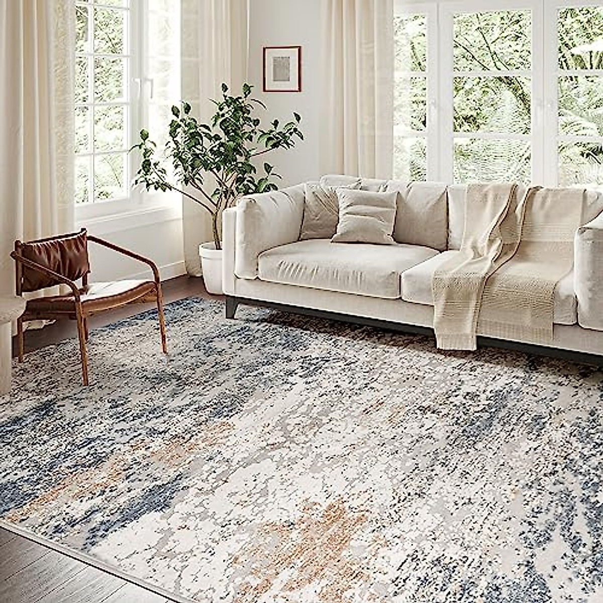 Art&Tuft Washable Rug, Anti-Slip Backing Abstract 8x10 Area Rugs, Stain Resistant Rugs for Living Room, Foldable Machine Washable Area Rug (TPR18-Blue, 8'x10')