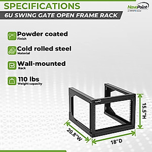 NavePoint 6U Server Rack with Swing Gate - 6U Wall Mount Rack for 19 Inch IT Equipment Open Frame Rack – Network Rack Wall Mount for AV & Server Equipment 18” Deep 6U Rack, Black