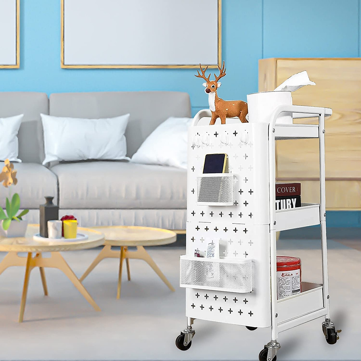 3-Tier Rolling Cart,Metal Utility Cart with Pegboard,Rolling Storage Carts with Wheels for Kitchen Living Room Office by Dailyart