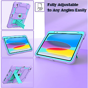 CCMAO for iPad 10th Generation Case 10.9 Inch 2022, iPad 10 Case with Kickstand & Pencil Holder, Heavy Duty Shockproof Hybrid Three Layer Protective Cover for Girls Women, Purple+Green