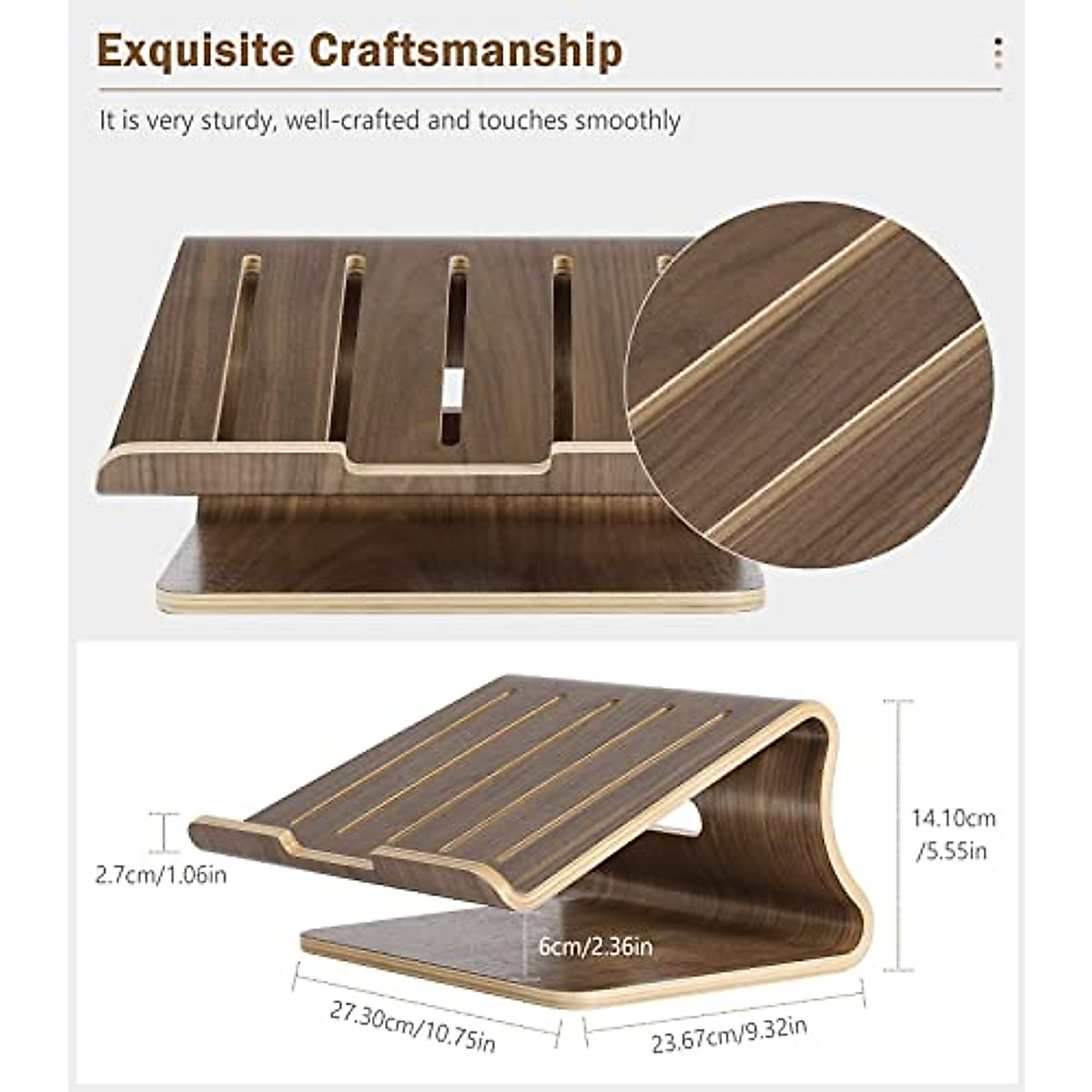 MoKo Wood Laptop Stand, Wooden Laptop Stand for Desk, Ergonomic Computer Cooling Holder, Natural Wooden Texture Desktop Notebook Stand Fits MacBook/iPad/Surface/Dell/Chromebook Laptops 11-17", Walnut