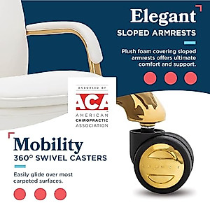 La-Z-Boy® Opus Executive Mid-Back Office Chair, Channel-Tufted Seat and Back, Double-Layer Cushion, Padded Arms, Ergonomic Computer Desk Chair, Swivel Metal Base, Bonded Leather, White and Gold