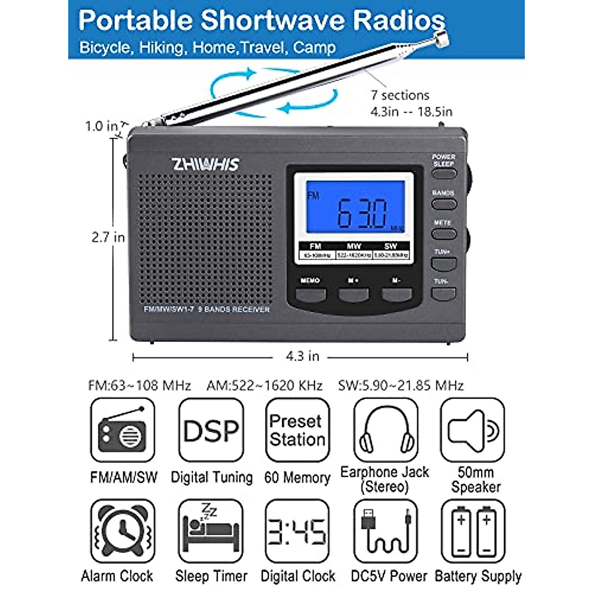 Portable Radio, ZHIWHIS AM FM Shortwave Radios with Best Reception, Battery Operated Clock Radio with Preset Function, Alarm Clock Digital Tuner with Sleep Timer