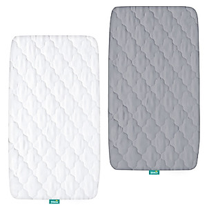 Bassinet Mattress Pad Cover Waterproof, Quilted Mattress Protector Sheets Fits All Mainstream Bassinet - Rectangle, Oval, Hourglass, 2 Pack, Ultra Soft Breathable, Grey and White