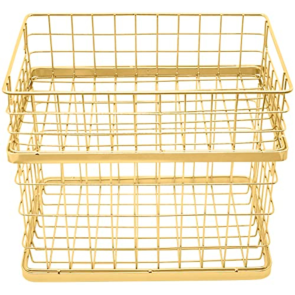 Set of 2 Stackable 10" Metal Wire Storage Basket Bins With Handles (Gold Wide Mesh Base)