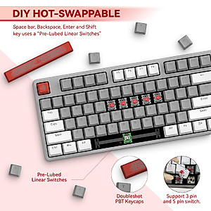 Magic-Refiner AK873 Gaming Keyboard,Rainbow Led Backlit,Hot-Swappable Linear Red Switch,PBT Keycap,75% TKL Layout,Ergonomic Mechanical Keyboard with Custom Coiled USB/Type-C Aviation Cable(White Grey)
