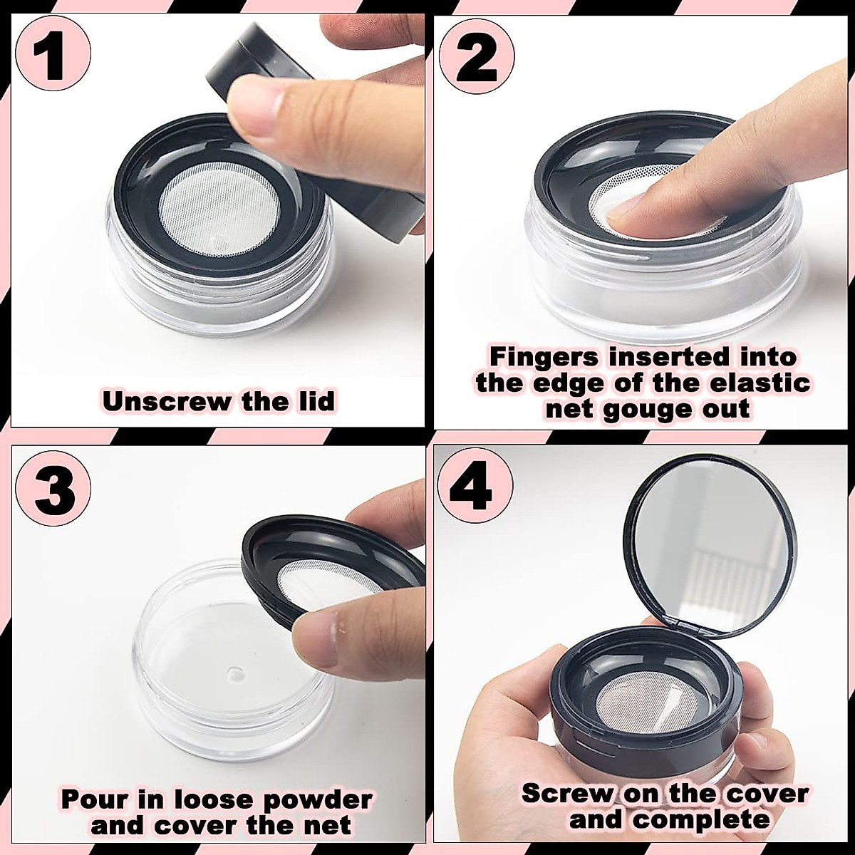 ELANE 2 Pcs Empty Powder Container with Puff,Loose Powder Compact with Mirror And Puff Empty Powder Compact,Makeup Powder Container (pink,black)