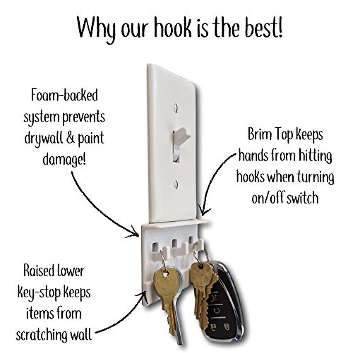 The No-Screwups Key Hook Organizer by Mount Genie (White, 1-Pack): Wall Mount with No Damaging Screws or Tape. Installs in Seconds on Any Light Switch. Great for Entryway, Mudroom, Kitchen, Office