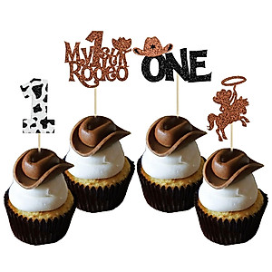24Pcs Cowboy 1st Birthday Cupcake Toppers Glitter First Birthday Hat Cowboy One Cake Decorations for Western Theme Baby Shower Kids Boys 1st Birthday Party Supplies Brown