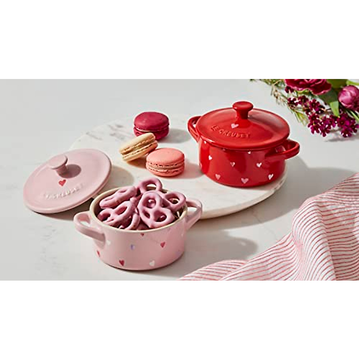 Le Creuset L'Amour Collection Stoneware Mini Round Cocotte, 8oz, Chiffon Pink with Heart Applique