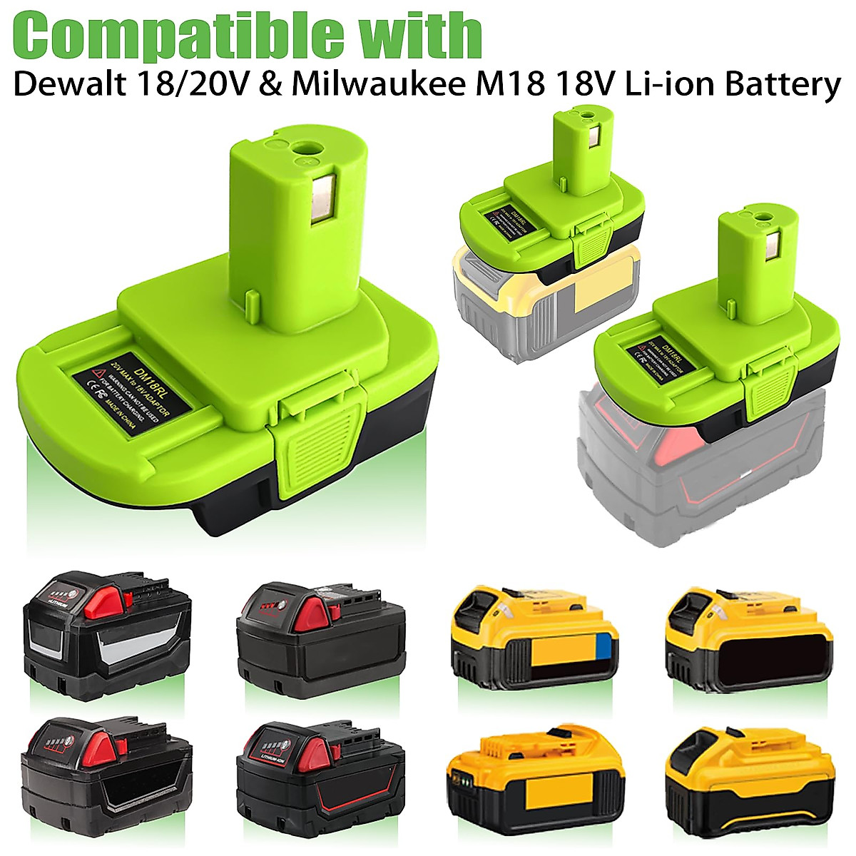 URUN DM18RL Battery Adapter for Dewalt 20V to Replace for Ryobi P108 P109 Battery, for Milwaukee M18 18V Battery Convert for Ryobi 18V Power Tools with USB Port-Green (No Battery)