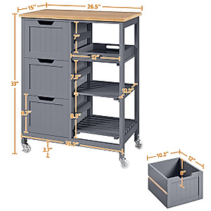 Yaheetech Kitchen Island Cart on Wheels with Storage, Rolling Bar Cart with Solid Wood Top and 3 Drawers, 3 Removable Shelves, Serving Utility Carts for Dining Room/Small Kitchen, Dark Gray