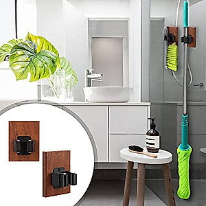 OLBET Farmhouse Mop And Broom Holder Wall Mount - Rustic Wooden Broom Organizer Wall Mount - 2 Pack - Classical Heavy Duty Storage Garden Tool Organizer Wall Hanger - Walnut Grain