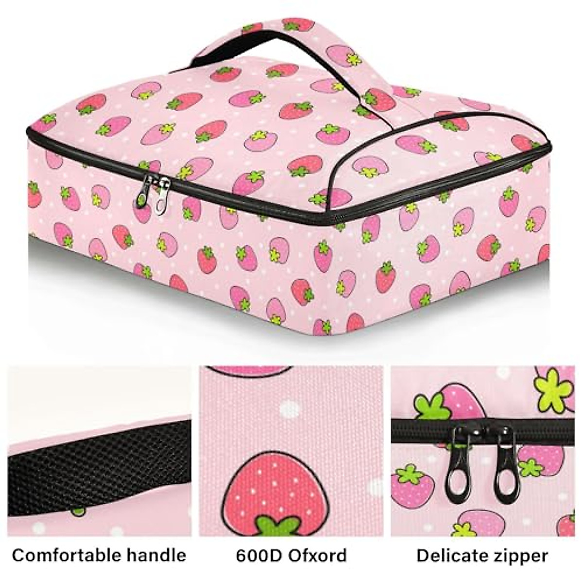 Kcldeci Insulated Thermal Food Carrier Insulated Casserole Carrier for Hot or Cold Food,Cute Strawberry Insulated Tote Bag for Potluck Cookouts Parties Picnic,Lasagna Lugger