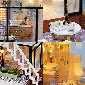 Ogrmar Dollhouse Miniature with Furniture, DIY Dollhouse Kit Plus Dust Proof & LED Light, Creative Room Toys for Children Gift (Blue Time)