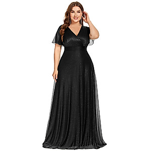 Ever-Pretty Plus Women's Plus Size V-Neck Wrap Short Flutter Sleeves Long Dress for Woman Black US24