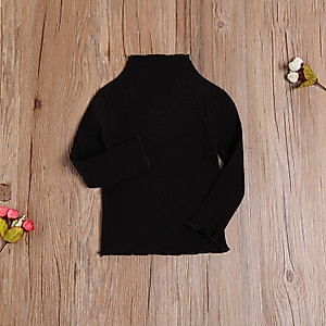 Girls Casual Tops Long Sleeve Turtleneck T-Shirt Basic Solid Color Blouse Outfit for Toddler Baby Girl 1-8 Years (Ribbed -Black,5-6X)