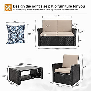 Shintenchi 4-Piece Outdoor Patio Furniture Set, Wicker Rattan Sectional Sofa Couch with Glass Coffee Table | Black