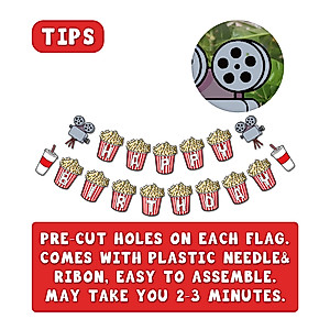 Movie Night Theme Happy Birthday Banner, Popcorn Inspired Birthday Party Sign, Watching Movie Bday Pennant Decor